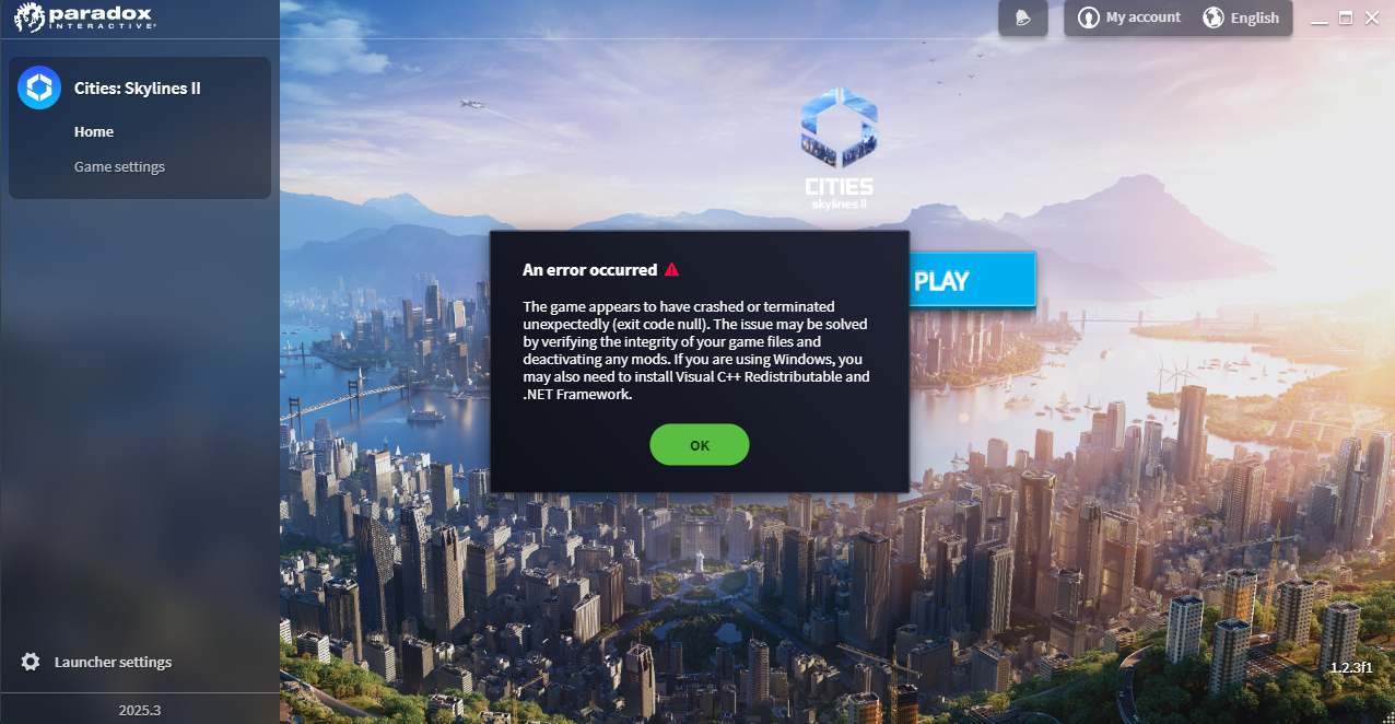 An error ocurred. When I click 'Play' in the Paradox launcher, I get an error message saying "An ...